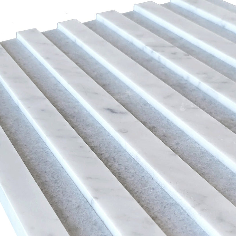 Linear Beadboard Carrara & Blue Celest Dimensional Honed Stone Mosaic ...